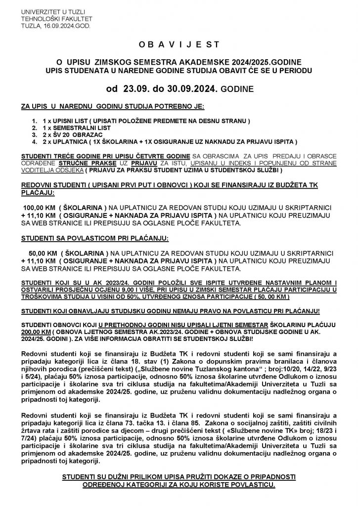 Obavijest o upisu II, III i IV studijske godine ( zimskog semestra ) u akademskoj 2024/25.godini ...